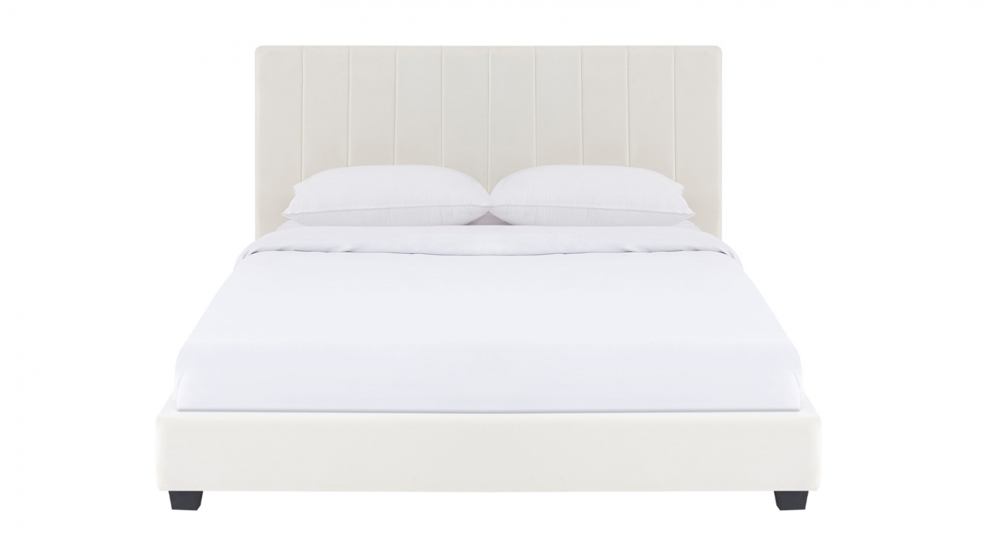 Lit adulte 140x190 cm avec tête de lit capitonnée en velours beige ...