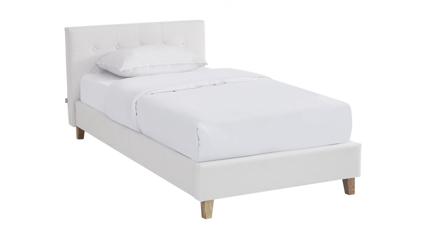 Lit enfant 90x190 cm avec tête de lit capitonnée en tissu beige - Milo ...