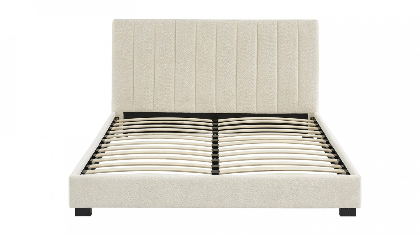 Lit adulte 160x200 avec tête de lit capitonnée en tissu bouclé beige ...